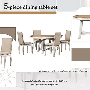 Merax Dining Table Set for 4, Wood Round Extendable Dining Table and 4 Upholstered Dining Chairs, Oak Natural Wood+Antique White