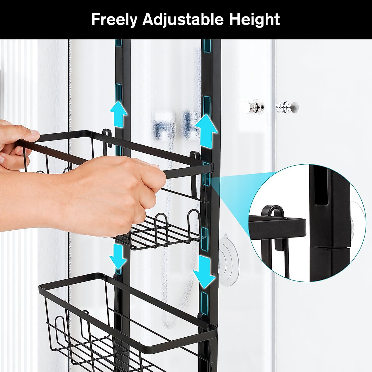 AUROPEAK Over The Door Shower Caddy, Hanging Shower Organizer Rustproof No Drilling, Adjustable Shower Caddy Over the Door Storage Rack with 4-Tier Shelf, Soap Holder, Towel Hooks for Bathroom