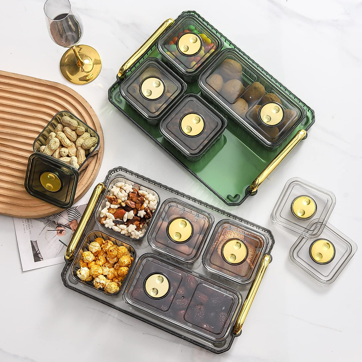 BFU split sealed snack box, covered dried fruit tray, Candy food storage box, split tray, 5 independent snack boxes, cooked food containers, 12 inches