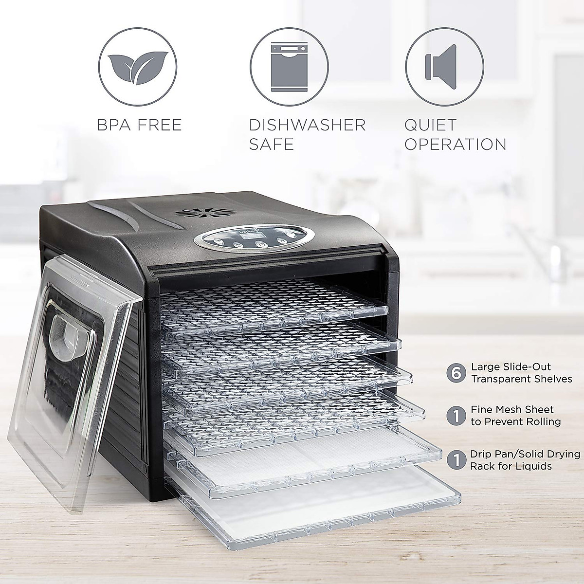 Ivation 6 Tray Countertop Digital Food Dehydrator Drying Machine 480w with Preset Temperature Settings, Auto Shutoff Timer and Even Heat Circulation for Beef Jerky, Fruits, Vegetables & Nuts