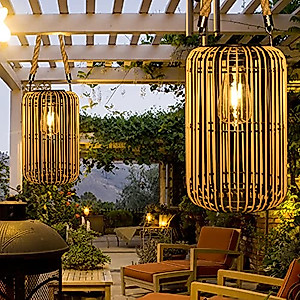 Livinlarge Solar Lantern Outdoor Waterproof, Large Solar Rattan Lantern Outdoor Hanging with Handle, Bright Solar Outdoor Lights with Edison Bulb for Garden Patio Yard Tabletop Decoration