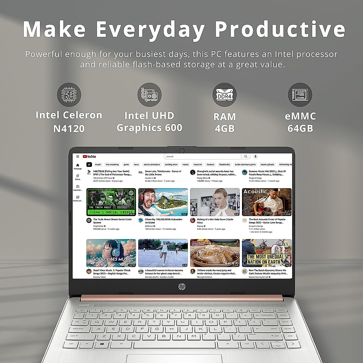 HP Premium Stream 14" HD BrightView Laptop, Intel Celeron N4120, 4GB RAM, 64GB eMMC, Intel UHD Graphics, HD Webcam, 1 Year Office 365, Bluetooth, WiFi, HDMI, Win 11s, Gold, 32GB Hotface USB Card