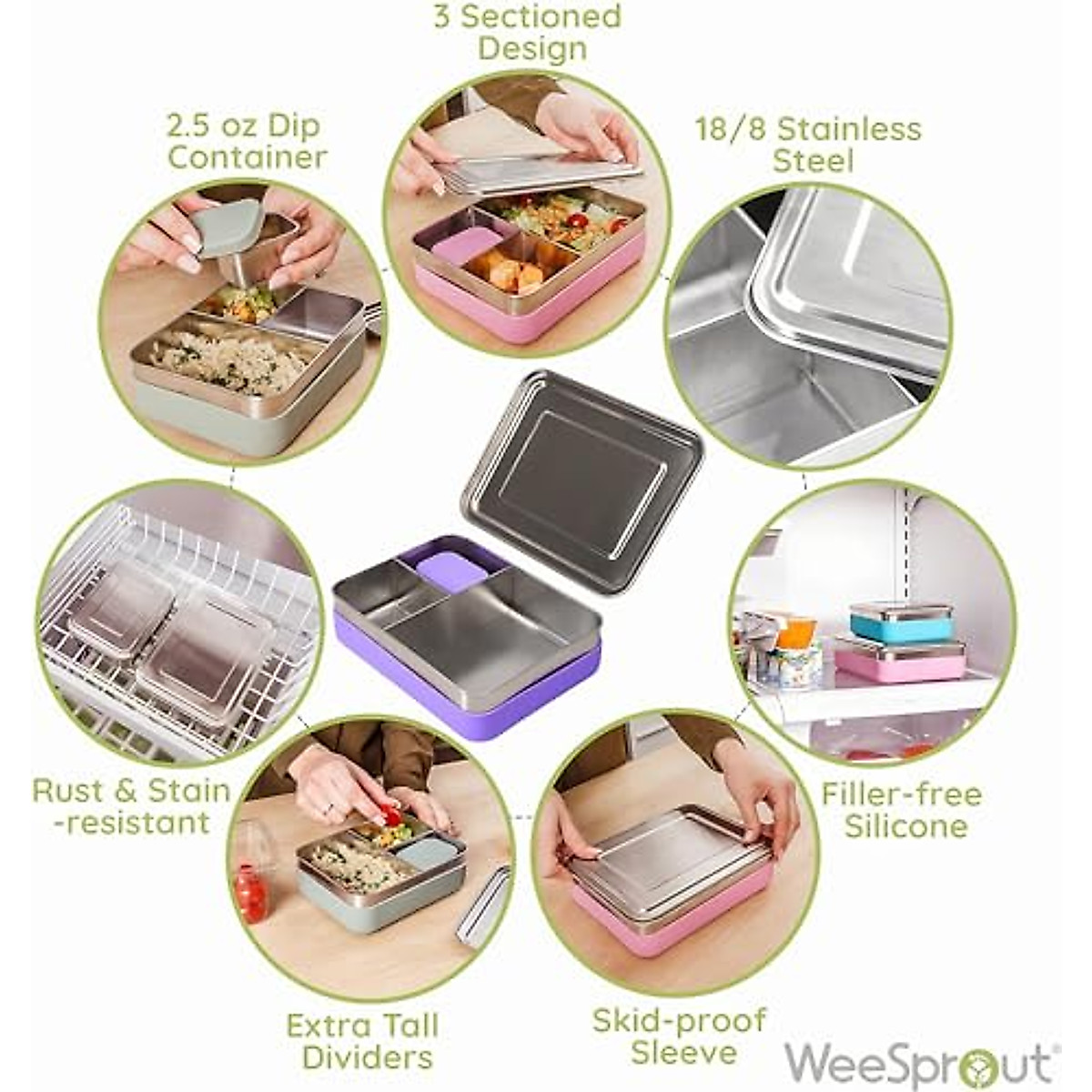 WeeSprout 18/8 Stainless Steel Bento Box (Large) - 3 Compartment Metal Lunch Box, Skid-proof Silicone, for Kids & Adults, Bonus Dip Container, Fits in Lunch & Work Bags, Dishwasher & Freezer Friendly