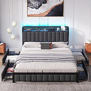 BTHFST LED Bed Frame Queen Size with Storage Drawers, Upholstered Metal Platform Bed Frame with USB Ports & Charging Outlets, No Squeak, Verticle Channel Tufted Headboard & Footboard, Dark Gray