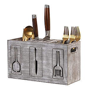 GYJZIFW Kitchen Utensil Holder Cooking Utensil Caddy with 3 Compartments Rustic Wooden Utensil Organizer for Countertop Kitchen Tool Holder Storage for Spoon Forks Knives