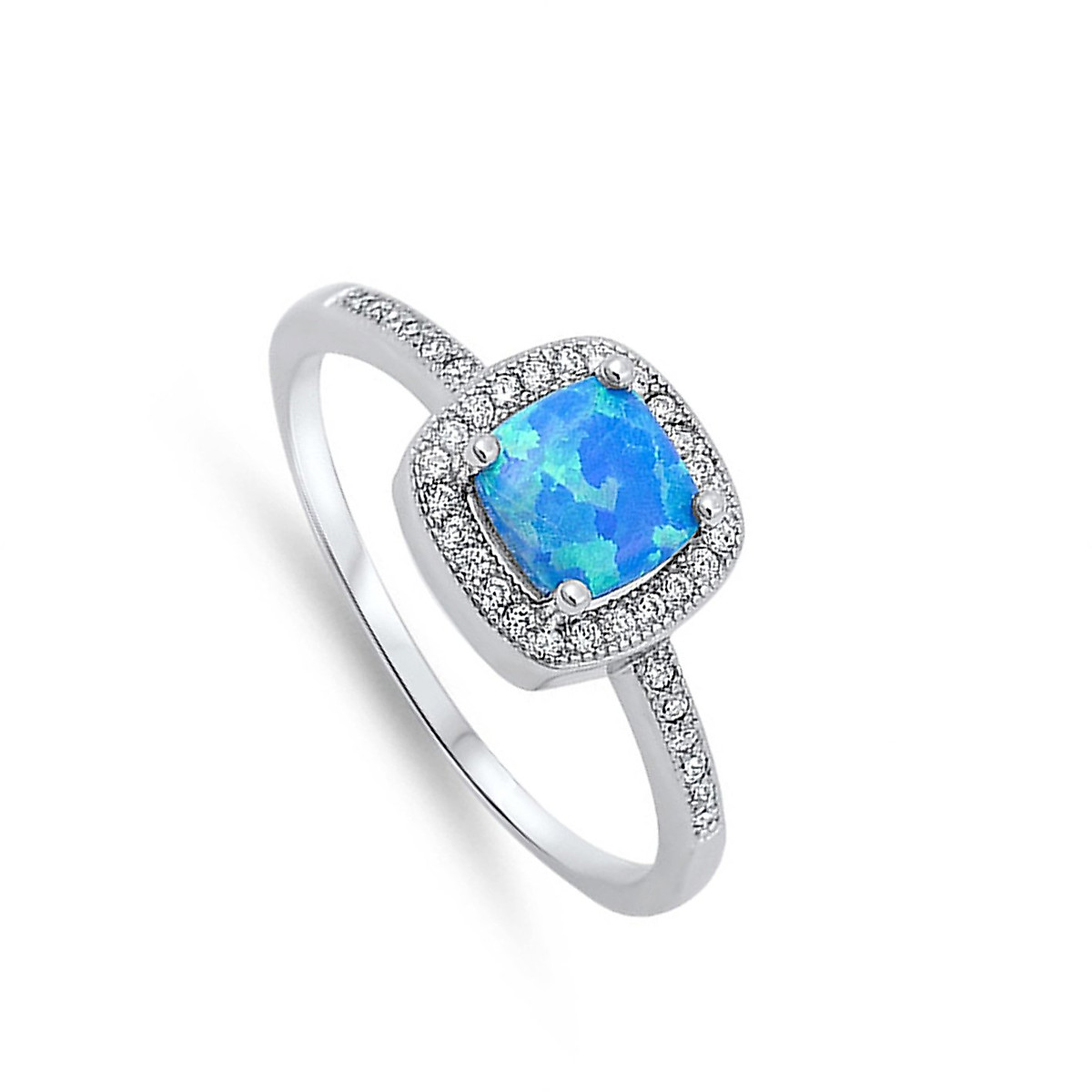 Blue Simulated Opal Halo Polished Promise Ring New 925 Sterling Silver Band Size 7