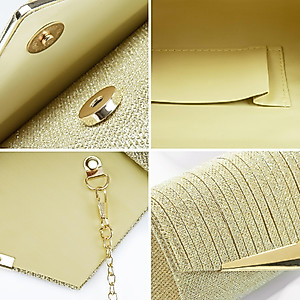 Larcenciel Clutch Purses for Women, Pleated Sequin Envelope Evening Bags w/Chain, Shiny Formal Ladies Shoulder Crossbody Handbags Perfect for Party Prom Weddings Holidays Special Occasions (Gold)