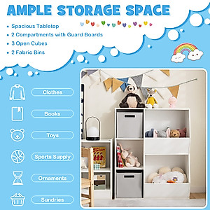 GLACER 5-Cube Kids Toy Storage Organizer, Freestanding Wooden Bookcase Bookshelf w/ 2 Removable & Foldable Bins, Open Multi-bin Storage Display Cabinet for Kids Room, Play Room, Nursery, White