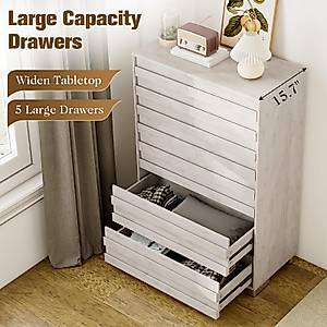 Albott Farmhouse 5 Drawers Dresser, Wood Rustic Chest of Drawers for Bedroom, Tall Dressers Organizer with Hidden Handles for Living Room, Hallway, Entryway, Distressed White
