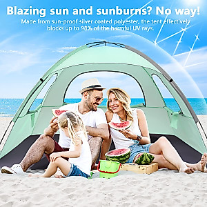 NXONE Beach Tent Sun Shade Shelter for 2-3 Person with UV Protection, Extended Floor, 3 Mesh Roll Up Windows & 8.0mm Fiberglass Rods丨Carry Bag Included (Mint Green)