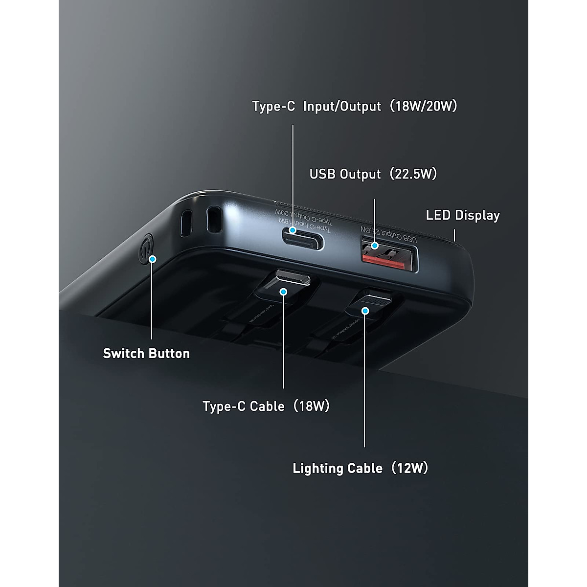 Qecvec Portable Charger with Built in Cords, Ultra-Compact 22.5W PD & QC 3.0 Fast Charging 10000mAh USB C Power Bank,Small LED Display Phone Battery Pack with Cable Compatible with iPhone,Samsung