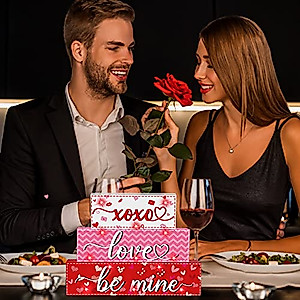 Valentines Day Decor Wooden Block Sign with LED Lights, Valentine Decor Wood Sign for Table Mantle, Valentine Gifts for Her Valentine Farmhouse Battery Operated Wood Sign Tabletop Tiered Tray Decor