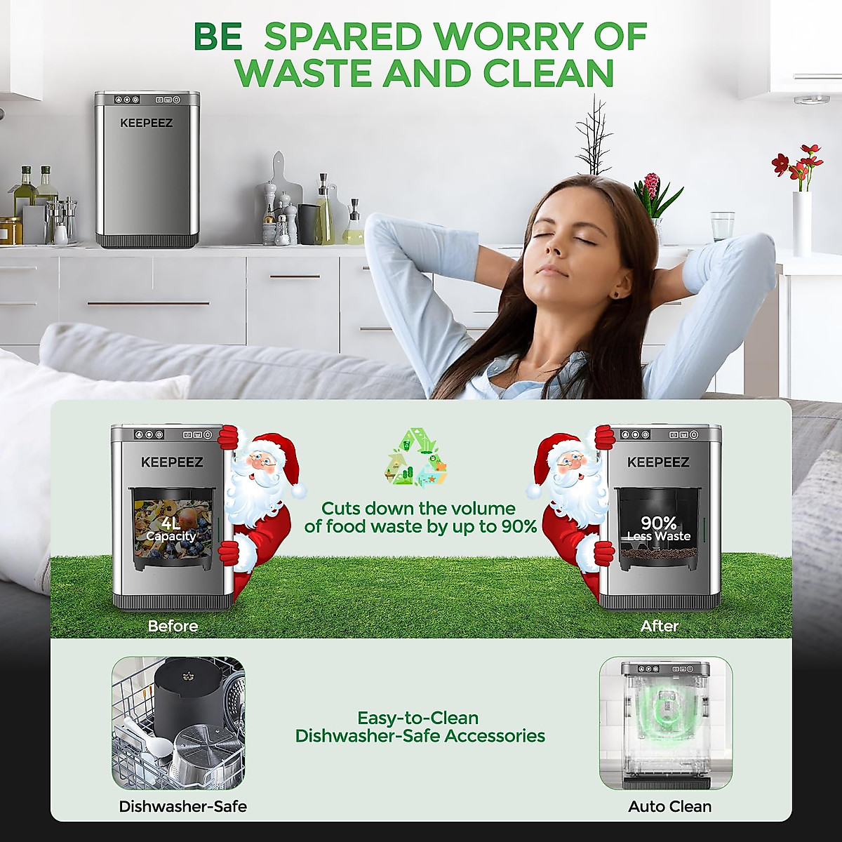 KEEPEEZ Electric Composter, 1-Gallon Largest Smart Waste Compost Bin Kitchen, Turn Waste into Natural Fertilizer 4-8h, Food Cycler Odorless,Detachable Carbon Filter, Kitchen Composter Energy Efficient