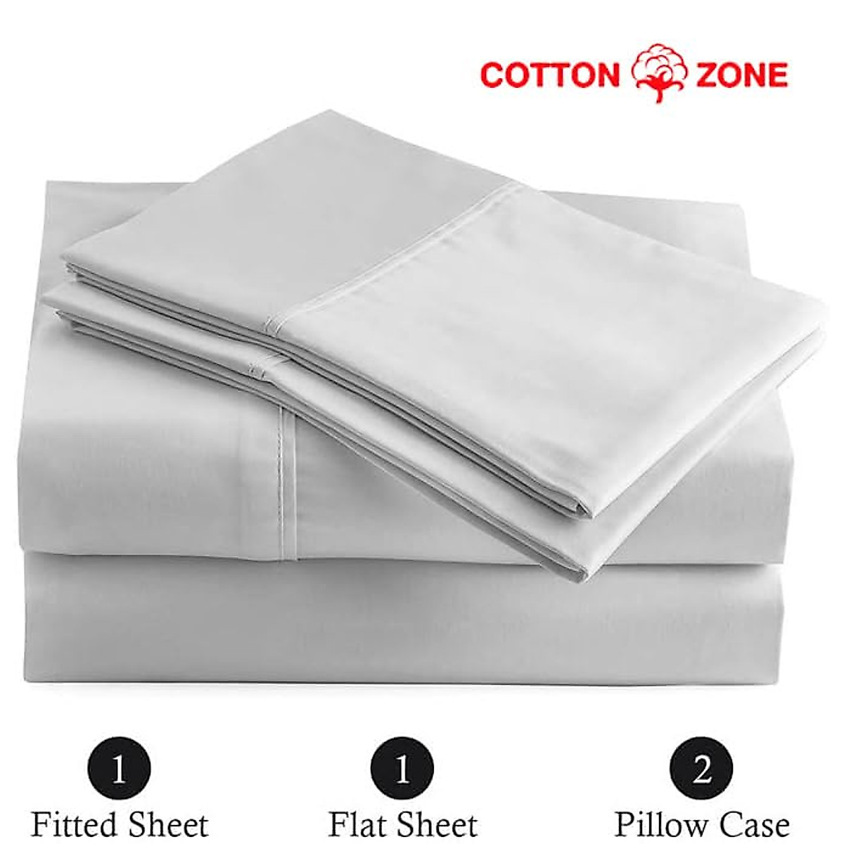 COTTON ZONE 800 Thread Count 100% Egyptian Cotton Sheet Set,Luxurious Soft,Breathable Sateen Weave,Lightweight,Tailor Made Product,5 Star Hotel Quality, Year - Round Sheets(3 Piece,Twin,Silver)