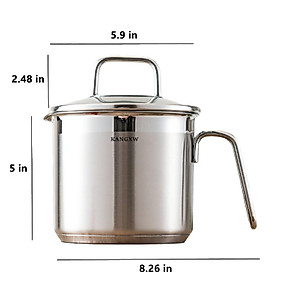 KANGXW Stainless Steel Milk Pot, 1.5 Quart Pan, With Pour Spout and Filter Glass Lid Induction Milk Pots, Sauce, Gravy, Pasta Stock Pot (1.5qt)