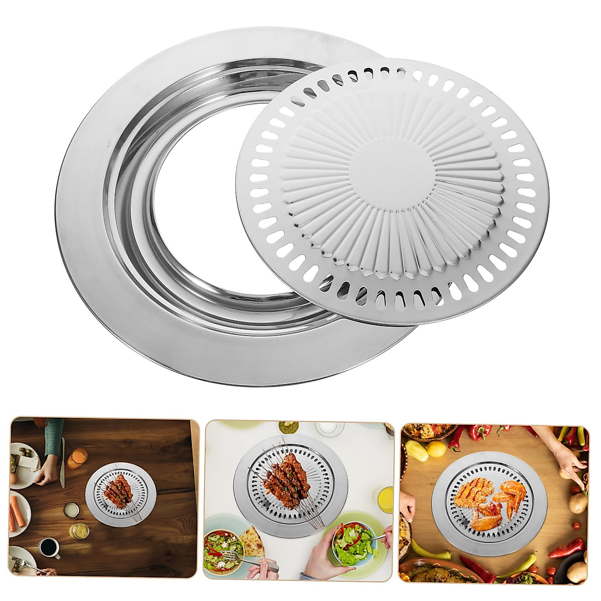 CIYODO Stainless Steel Non-stick Korean Bbq Grill Pan for Indoor and Outdoor Cooking Korean Bbq Grill Pan Stovetop Korean Bbq Non-stick Round Barbecue Grill Pan