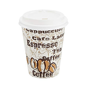 Amazon Basics Paper Hot Cups with Lids, Cafe Design, 12 oz, 100 Count