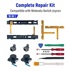 Mcbazel 18 in 1 Replacement Repair Kit for N-Switch Joy-Con with Screwdrivers Opening Tool, 3D Left Right Analog Joysticks, Buckle Lock, Charging Port Slider, Button Sync Flex Cable Set
