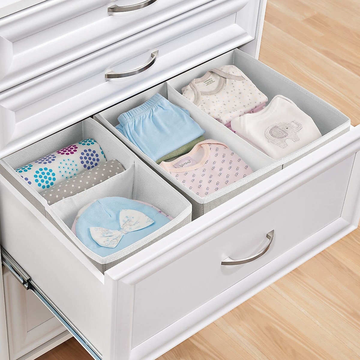mDesign Fabric Drawer Organizer Bins, Kids/Baby Nursery Dresser, Closet, Shelf, Playroom Organization, Hold Clothes, Toys, Diapers, Blankets, Jane Collection, Set of 2, 4 Pack, Light Gray/White