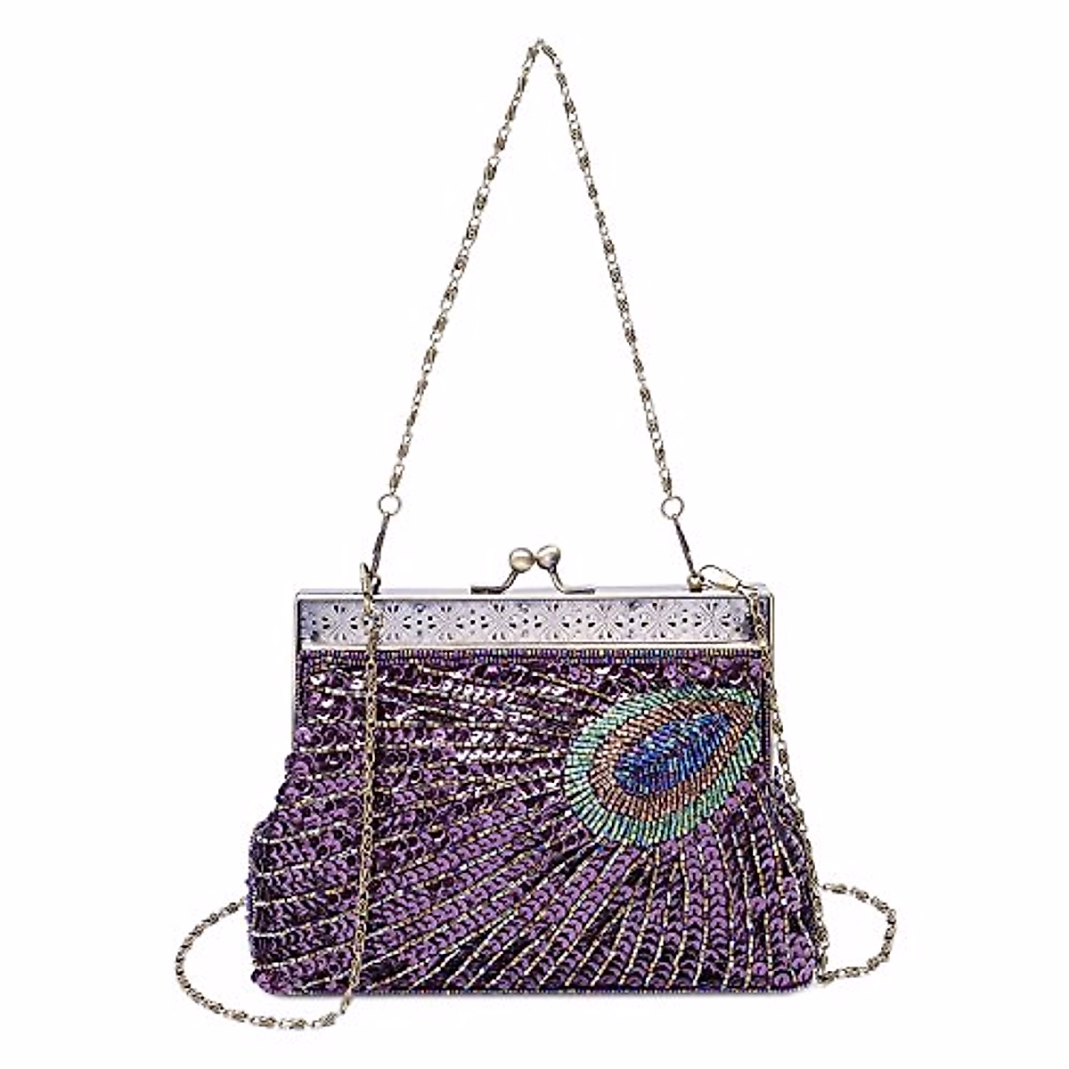 KISSCHIC Vintage Beaded Sequin Peacock Clutch Purse Evening Bags (Purple)