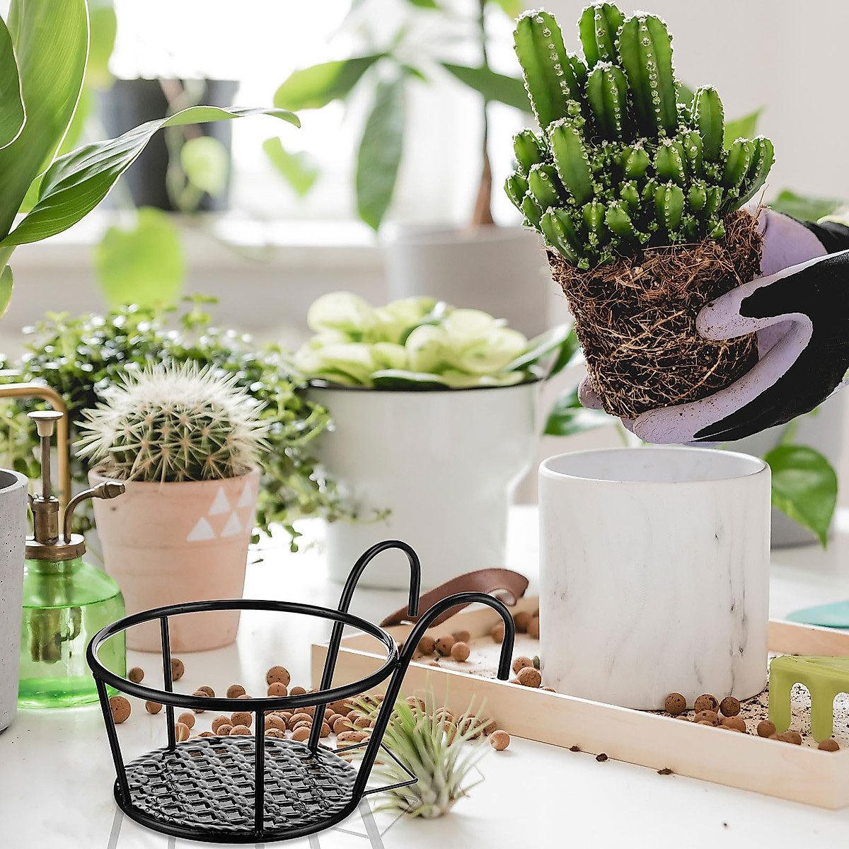 Dandat 6 Pcs 8.7'' Iron Metal Railing Flower Pot Hanging Railing Planter Baskets Stair Railing Plant Holder for Patio Balcony Outdoor Plants(Black)