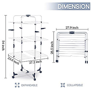 TOOLF Clothes Drying Rack, 3-Tier Collapsible Laundry Rack Stand Garment Drying Station with Wheels and 4 Hooks, Indoor-Outdoor Use, for for Bed Linen, Clothing, Socks, Scarves