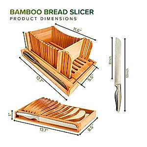 Bamboo Bread slicer, Bread Cutter guide adjustable, Bread Loaf Slicer cutting board & Crumb Catcher Tray, Stainless Steel Knife, Compact & Foldable 2 Bread guides-for homemade bread, cakes, bagels