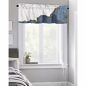 Window Curtain Valances for Kitchen Windows,Blue White Stone with Gold Stripe Rod Pocket Short Window Valance Modern Abstract Marble Agate Cafe Treatment Valance for Living Room/Bedroom,42x12in