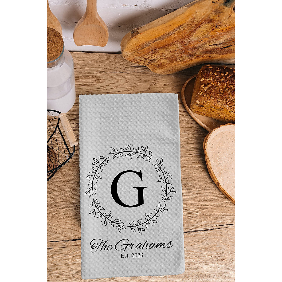 Personalized Kitchen Towel | Custom Tea Towel | Family Name Dish Towel | Kitchen Decor | Hand Towel | Housewarming Gift | Monogram Dishcloth (Wreath 5)