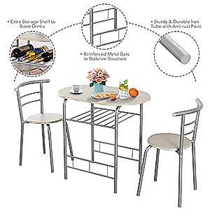 ARLIME 3-Piece Dining Set, Round Kitchen Table w/ 2 Chairs, Steel Frame & Wine Rack, Small Kitchen Table for Apartment, Dining Room, Kitchen, Small Space (Grey)