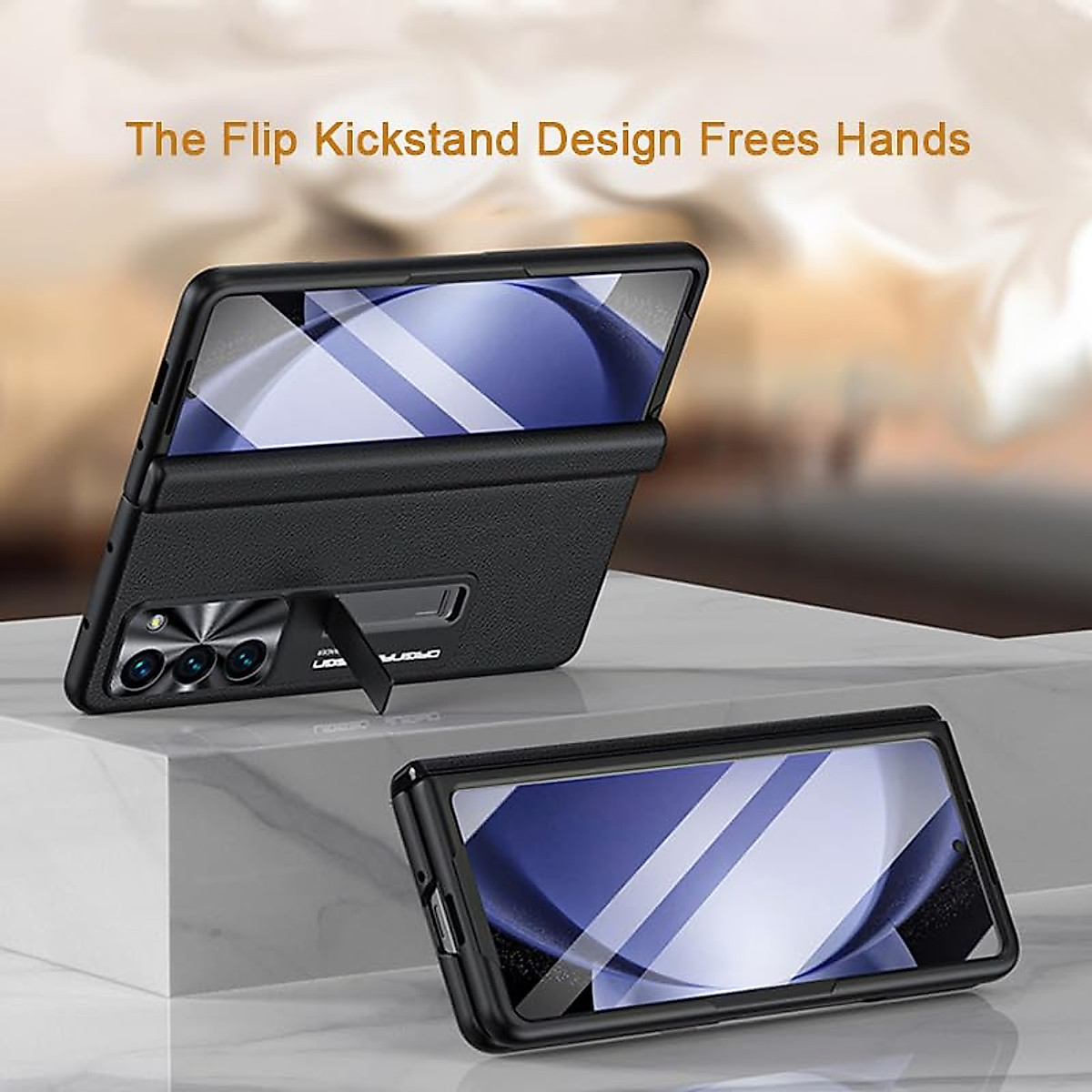 ioiFour Case for Samsung Galaxy Z Fold 5 with Kickstand and Hinge Protection, Built-in Front Screen Protector, Artificial Leather Elegant Business Scratch-Resistant Hard Case (Black PU)