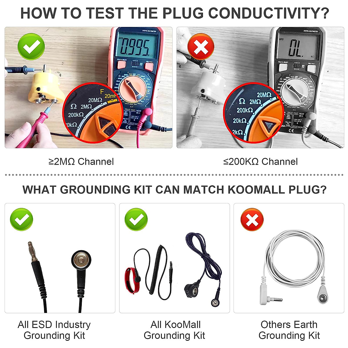 4 in 1, KooMall Ground Kit- 2 Wrist Straps, ESD Plug & 6ft Grounding Cord for Antistatic Mat & Electronic Device Static Control, Earth Bond Outlet Adapter for Silicone Anti Static Bracelet Wristband