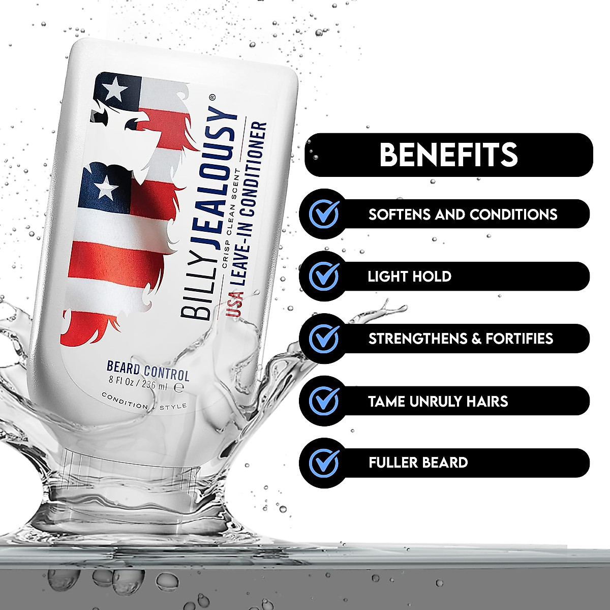 Billy Jealousy Original Beard Control Leave In Beard Conditioner for Men with Aloe Leaf Juice and Jojoba Seed Oil, Softens Hair and Skin, Light Hold with Matte Finish, 8 Fl Oz