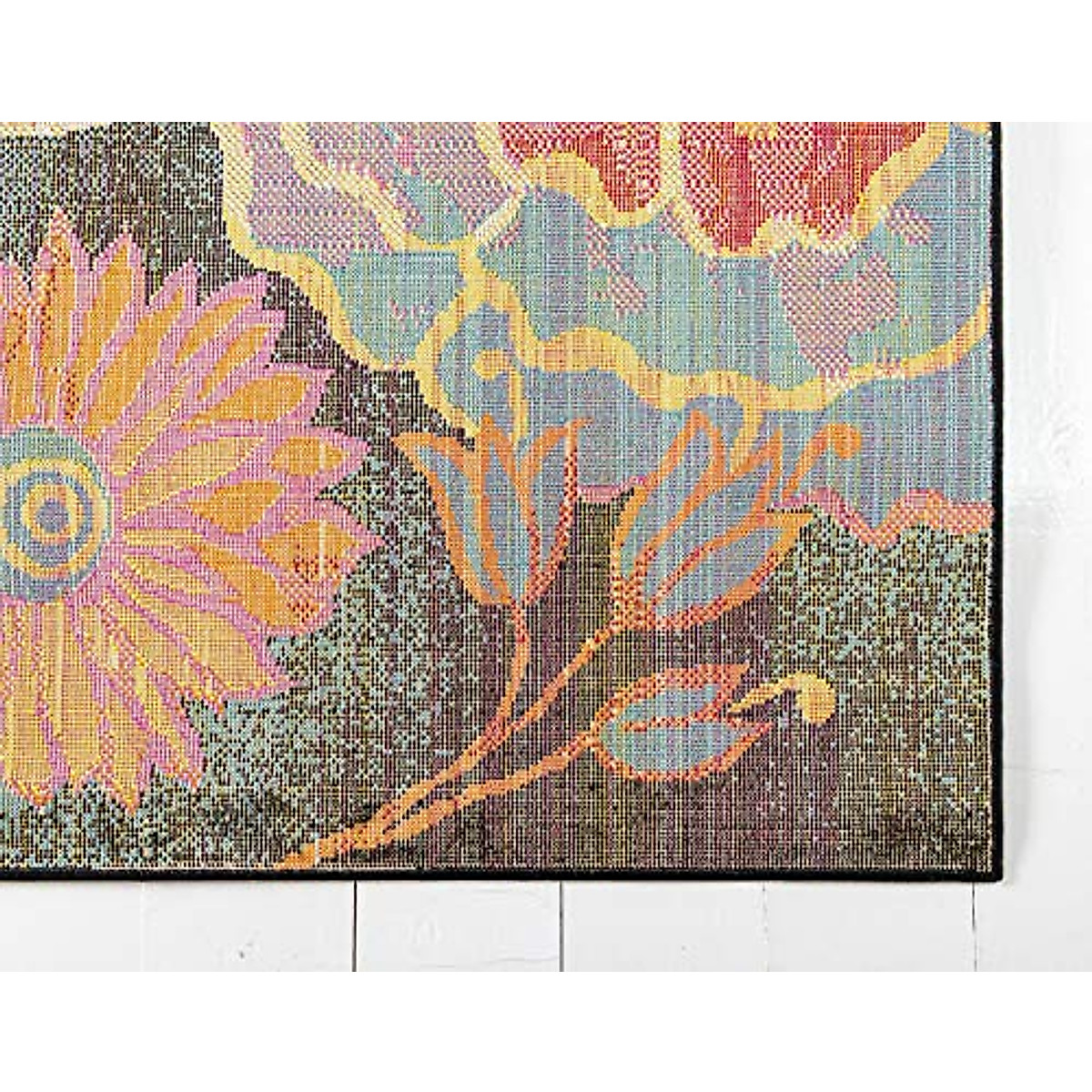 Unique Loom Lyon Collection Colorful Modern Floral Garden Area Rug, 2 x 6 ft, Black/Yellow