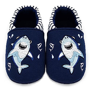 Timatego Toddler Baby Boys Girls Shoes Non Skid Slipper Sneaker Moccasins Infant First Walker House Walking Crib Shoes(6-24 Months) 01 Navy Shark, 12-18 Months Toddler