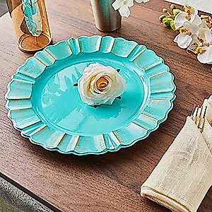 BalsaCircle Charger Plates 6 pcs 13-Inch Turquoise Gold Round Scalloped Trim Plastic Charger Plates Wedding Reception Event Decorations Supplies
