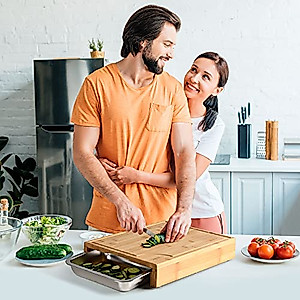 JENELI CO Large Bamboo Cutting Board with Containers, Meal Prep Station with Slide Out Stainless Steel Trays and Collapsible Containers, Smart chopping board-Over the Sink or Countertop