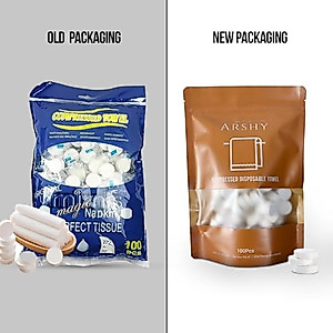 ARSHY 100 PCs Compressed Towels, Mini Tablets Disposable Portable Face Towel Cotton Coin Tissue for Travel, Camping, Hiking, Sport, Beauty Salon, Magic towel and Outdoor Activities