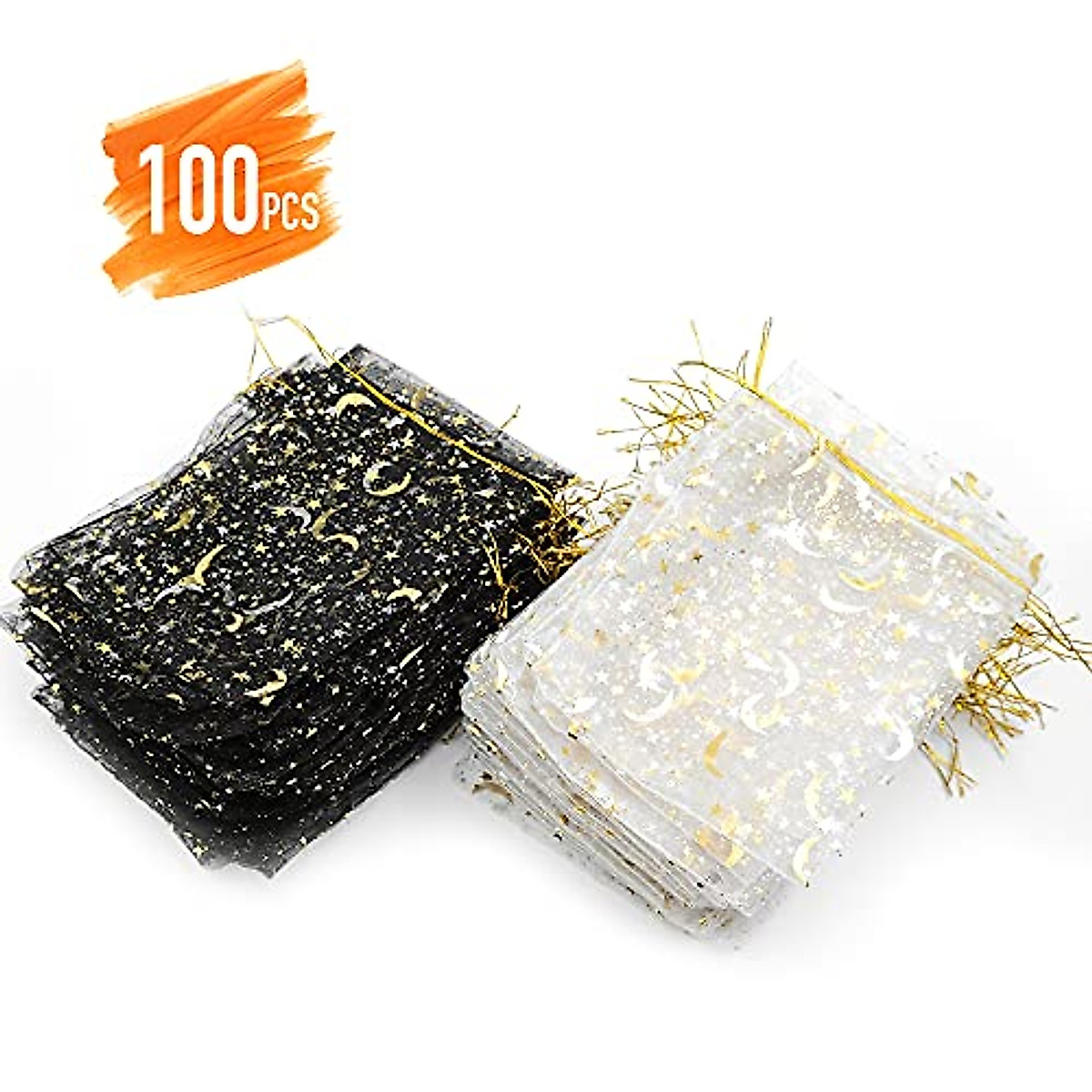 souG Organza Gifts Bags, 5x7 100Pcs Sheer Organza Drawstring Pouches Stars and Moon Wedding Party Favor Jewelry Candy Gift Bags (White and Black).