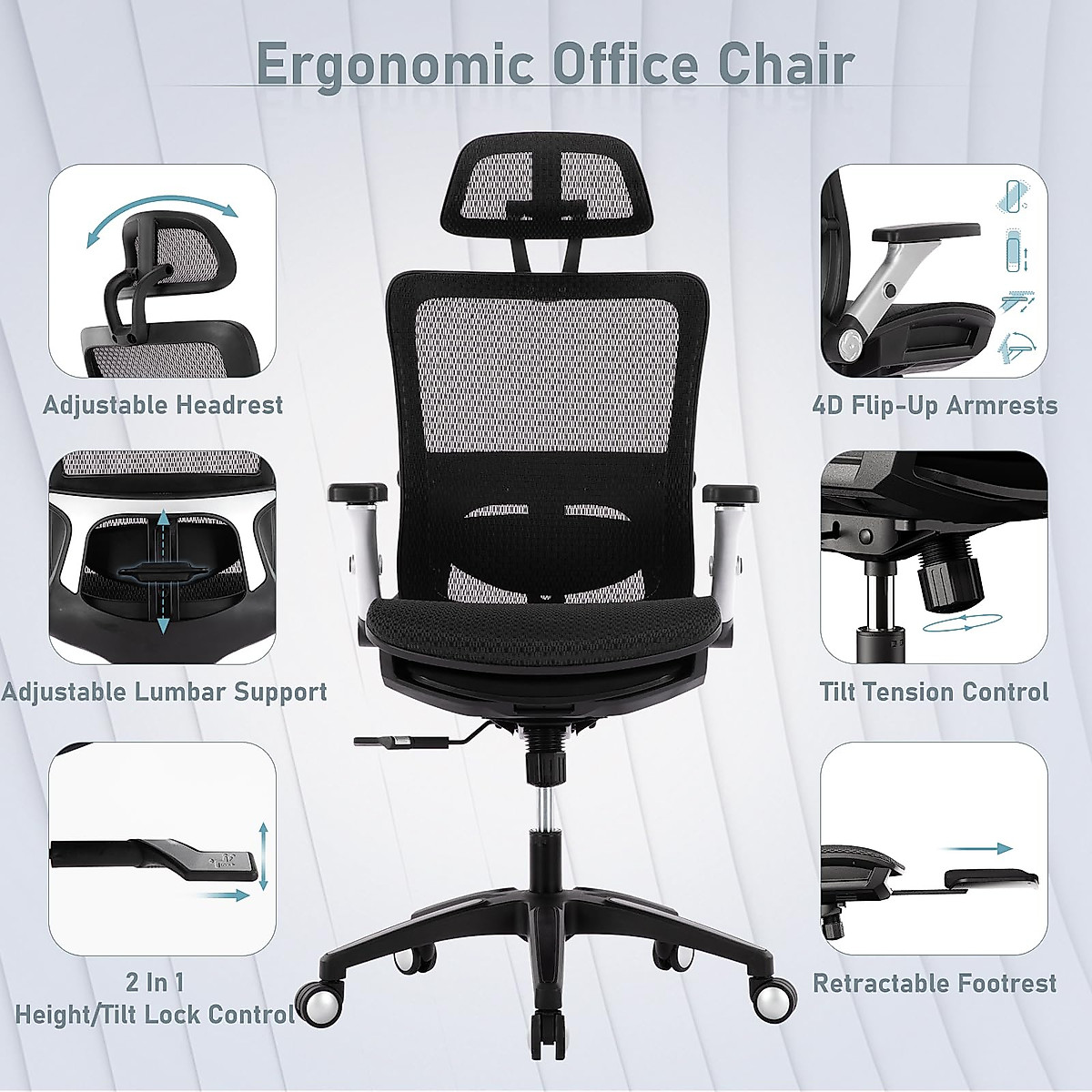 COLAMY Office Chair-Ergonomic High Back Computer Chair with Padded Flip-up Arms, Executive Leather Desk Chair Thicken Seat, Upgraded Casters for Swivel Rolling, Home Office Chair for Adult-Black