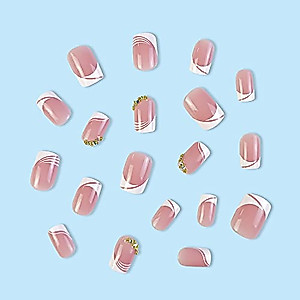 Short Press on Nails Square French Fake Nails Acrylic Nude Pink False Nails with Rhinestone Designs Artificial Glossy Nails Full Cover Glue on Nails Stick on Nails for Women