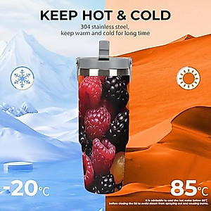Black And Red Fruits Tumbler 30oz Large Capacity Car Cup with Handle Fit in Any Car Cup Holder Stainless Steel Leakproof Insulated Coffee Tumblers with Lid And Straw