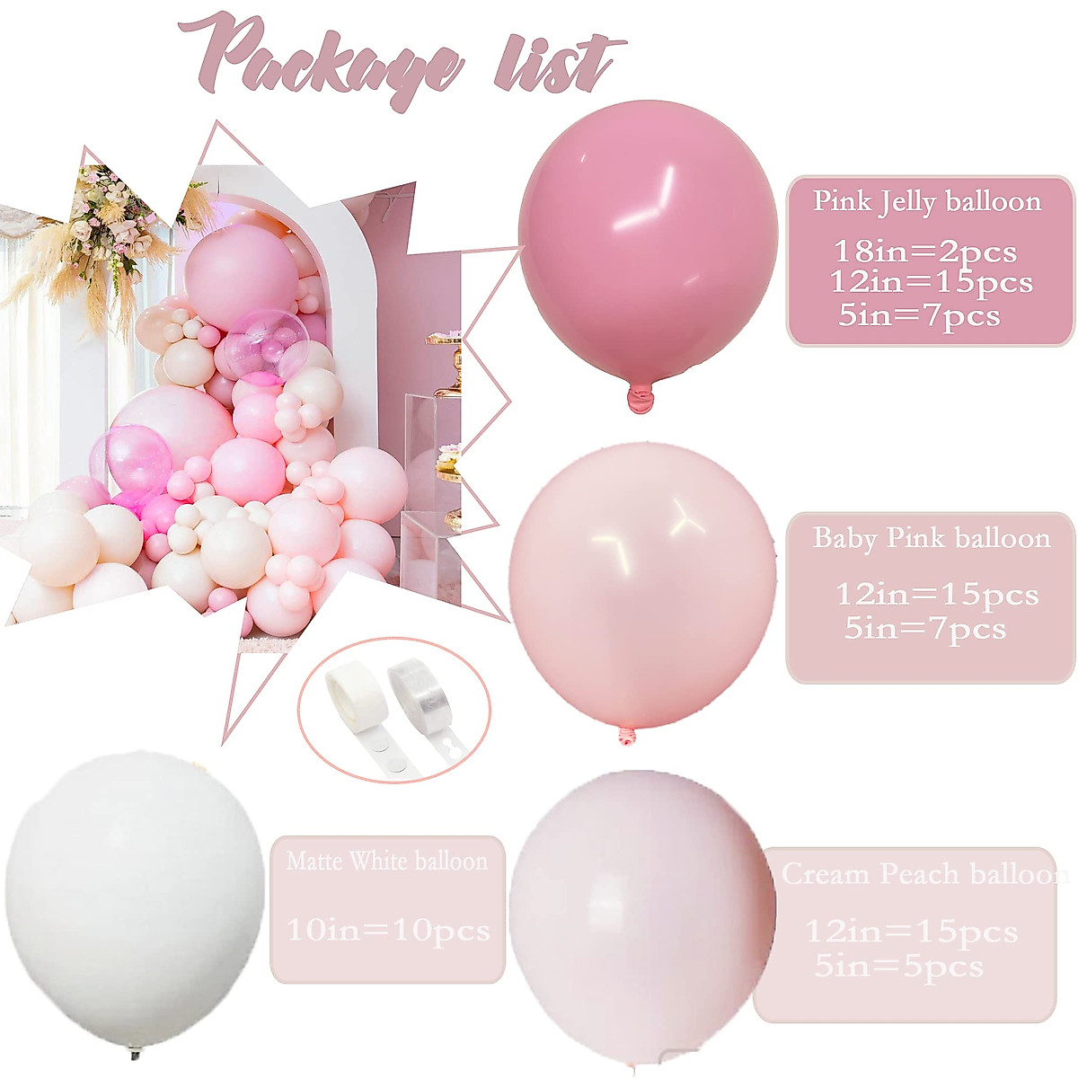 SCMDOTI Pink Balloon Garland Arch Kit, Double Stuffed Rose Pink Balloons and Nude White Balloons,Pastel Hot Pink balloons Garland for Girls Birthday Baby Shower Princess Theme Party Decorations