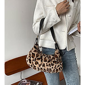 RARITYUS Women Plush Leopard Cow Print Underarm Bag Fashion Faux Fur Tote Bag Clutch Handbag with PU Strap