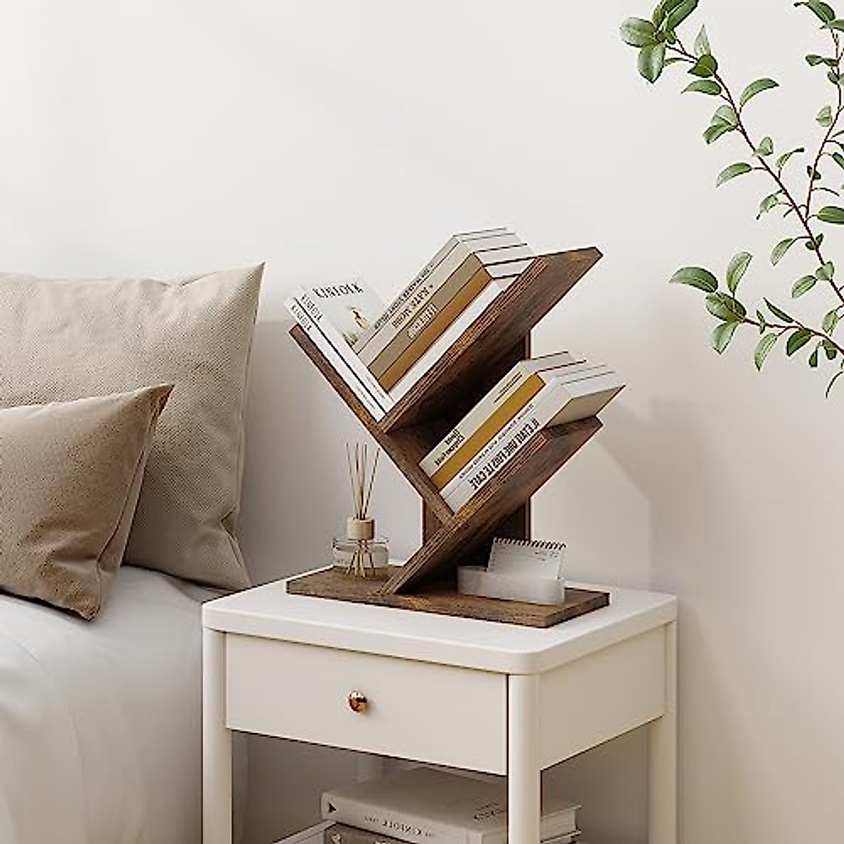 Tajsoon Tree Bookshelf 3 Tier Book Storage Organizer Shelves, Desktop Bookshelf Floor Standing Bookcase Display for CDs/Magazine/Books, Small Bookshelf for Bedroom, Living Room&Office, Rustic Brown