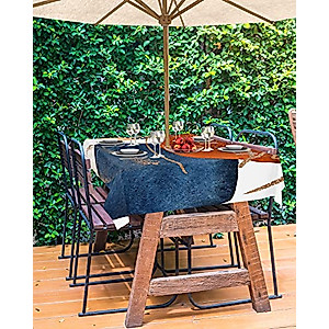 Outdoor Tablecloth with Umbrella Hole and Zipper,Mid Century Terracotta Abstract Geometry Waterproof Tablecloths for Rectangle Tables,Washable Table Cloth Burnt Orange Navy Block Gold Line 60x84in
