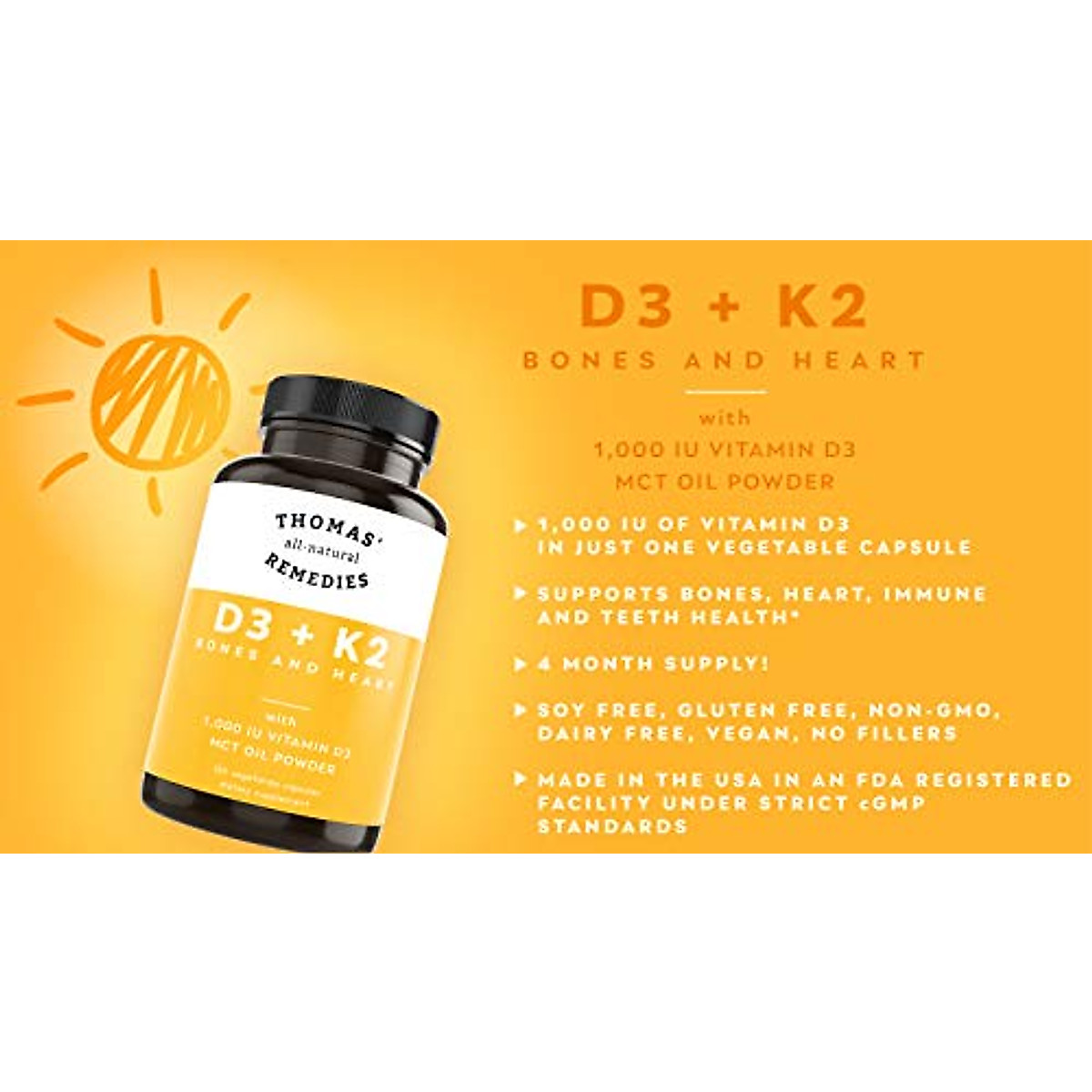 Thomas' all-natural Remedies D3 + K2 with MCT Oil for Better Absorption - 1000 IU D3 - Vegan - Made in USA - Support for Your Heart, Bones & Teeth - Non-GMO - 120ct