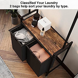 Simoretus Laundry Basket Sorter with Clothes Hanging Bar,Wooden Shelf,2 Sliding Bags, Hamper Garment Rack with Rolling Wheels for Laundry Room Bathroom Bedroom