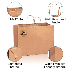 Bilinny Brown Paper Bags with Handles - Large Gift Bags with Handles - 16x6x12 Inches - 50 Pack Kraft Paper Bags - Paper Grocery Bags - Paper Bags for Small Business - Paper Shopping Bags with Handles