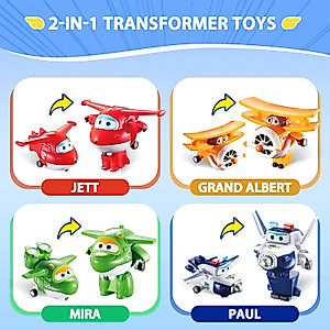 Super Wings 2" Transform-A-Robots 4 Pack Jett, Paul, Mira, and Grand Albert, Airplane Toys Mini Action Figures, Transformer Toys for 3+ Years Old Boys and Grils